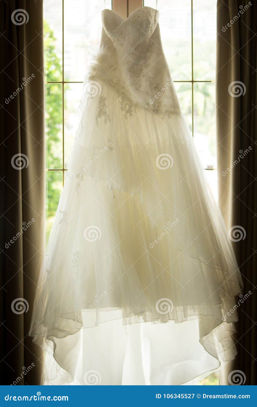 Beautiful White Wedding Dress in a Window Stock Image - Image of ...