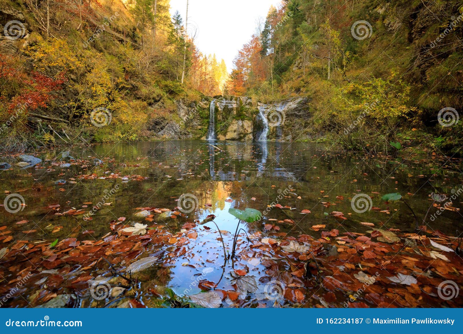A Beautiful Wild Waterfall Flowing into a Pool during Autumn Stock ...