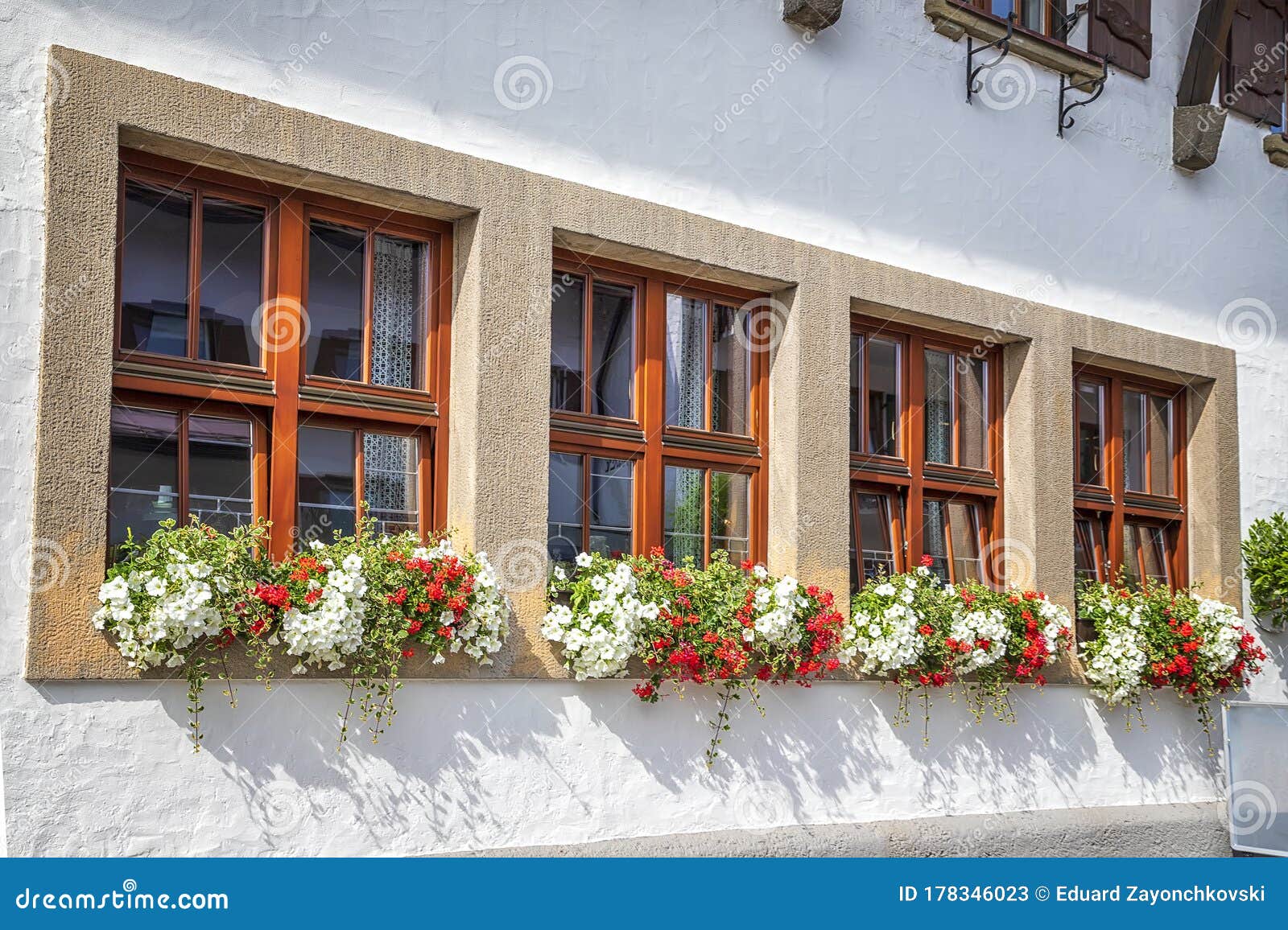 Beautiful Windows Frame with Flower Boxes. Colorful Decoration on the ...