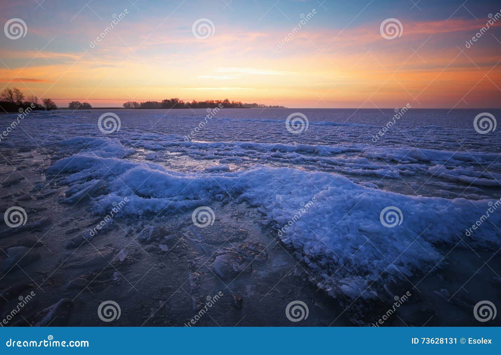 Beautiful Winter Landscape with Frozen Lake and Sunset Sky. Stock Image ...