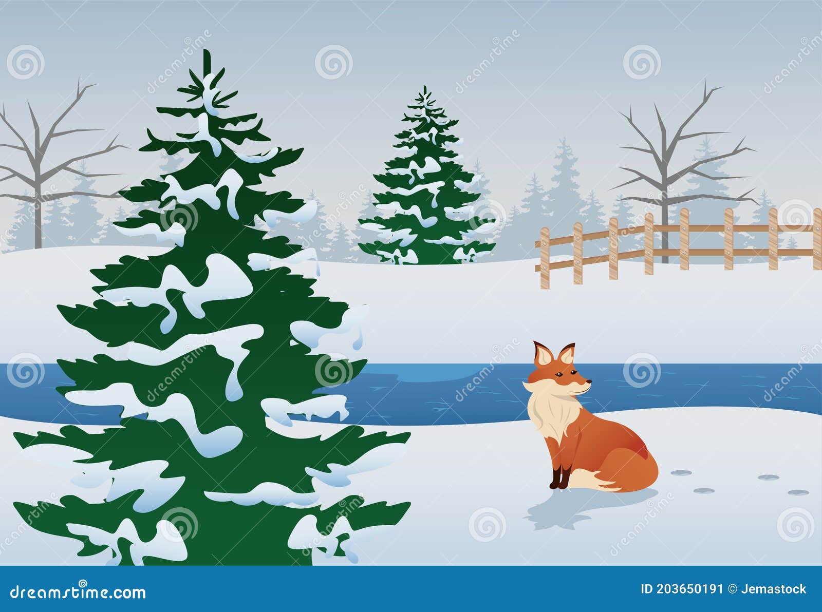 Beautiful Winter Landscape Scene with Fox and Pines Stock Vector ...