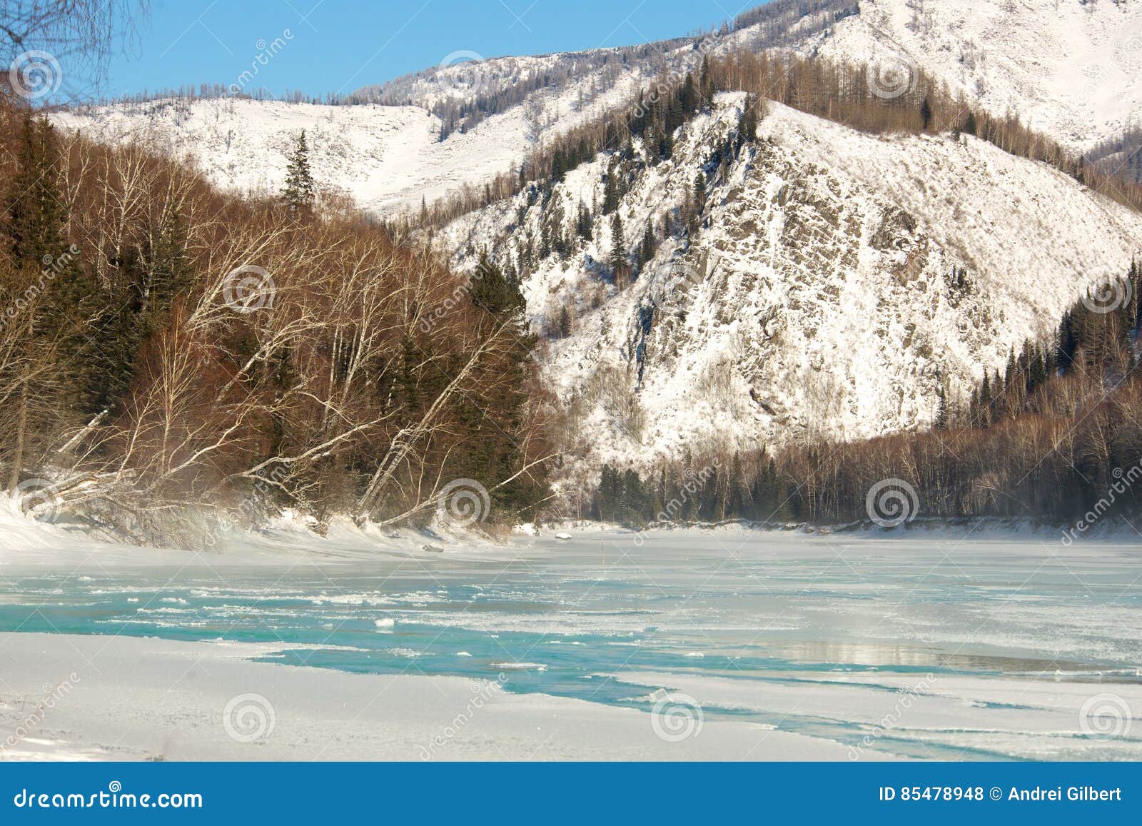 Beautiful Winter Landscape with Snow Covered Trees and Blue River Stock ...
