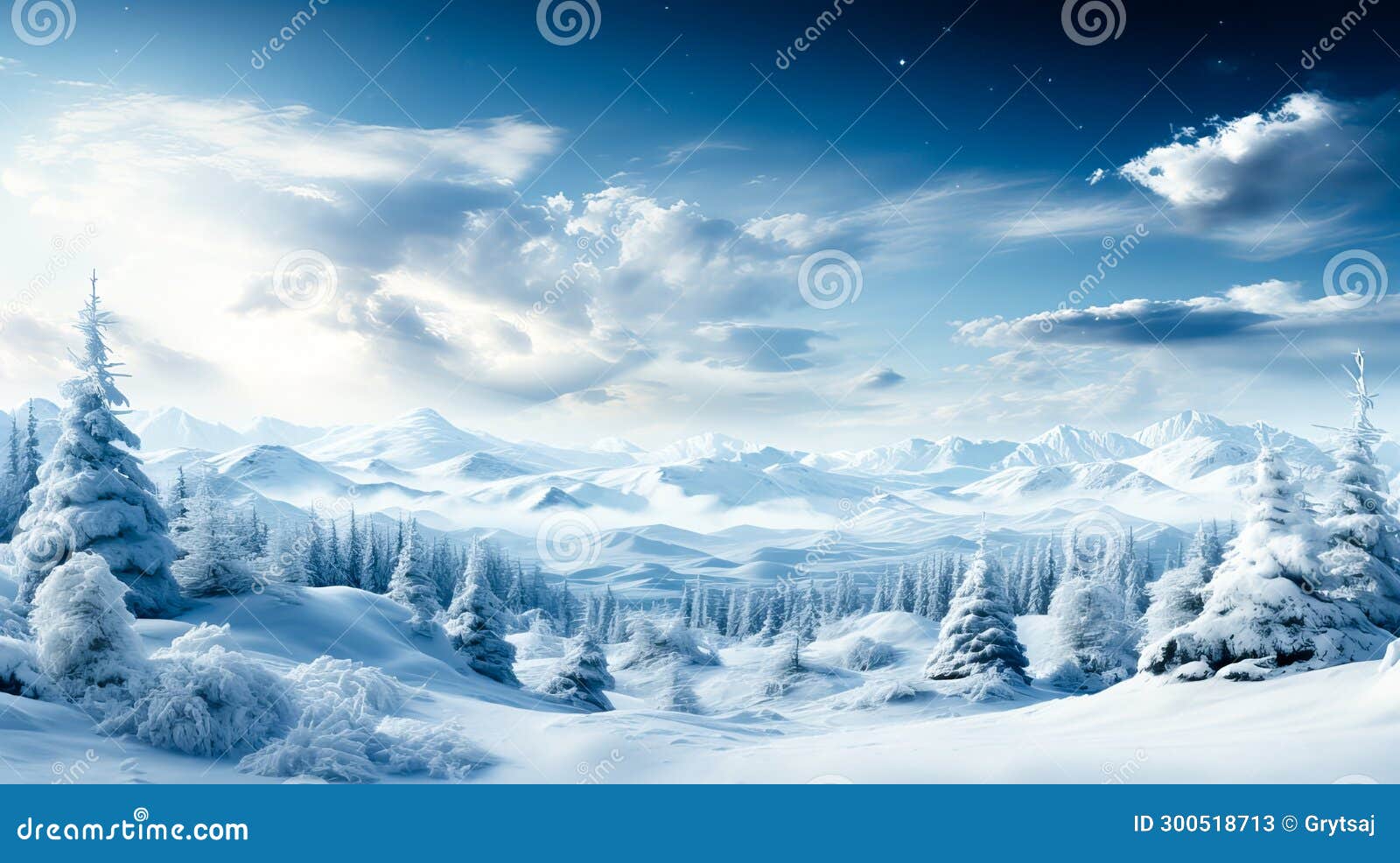 Beautiful Winter Landscape with Snow Covered Trees and Blue Sky with ...