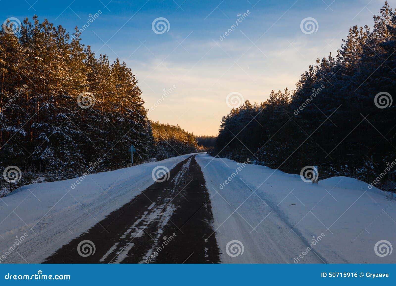 Beautiful Winter Road through Snowy Fields,sunset and Forests Stock ...