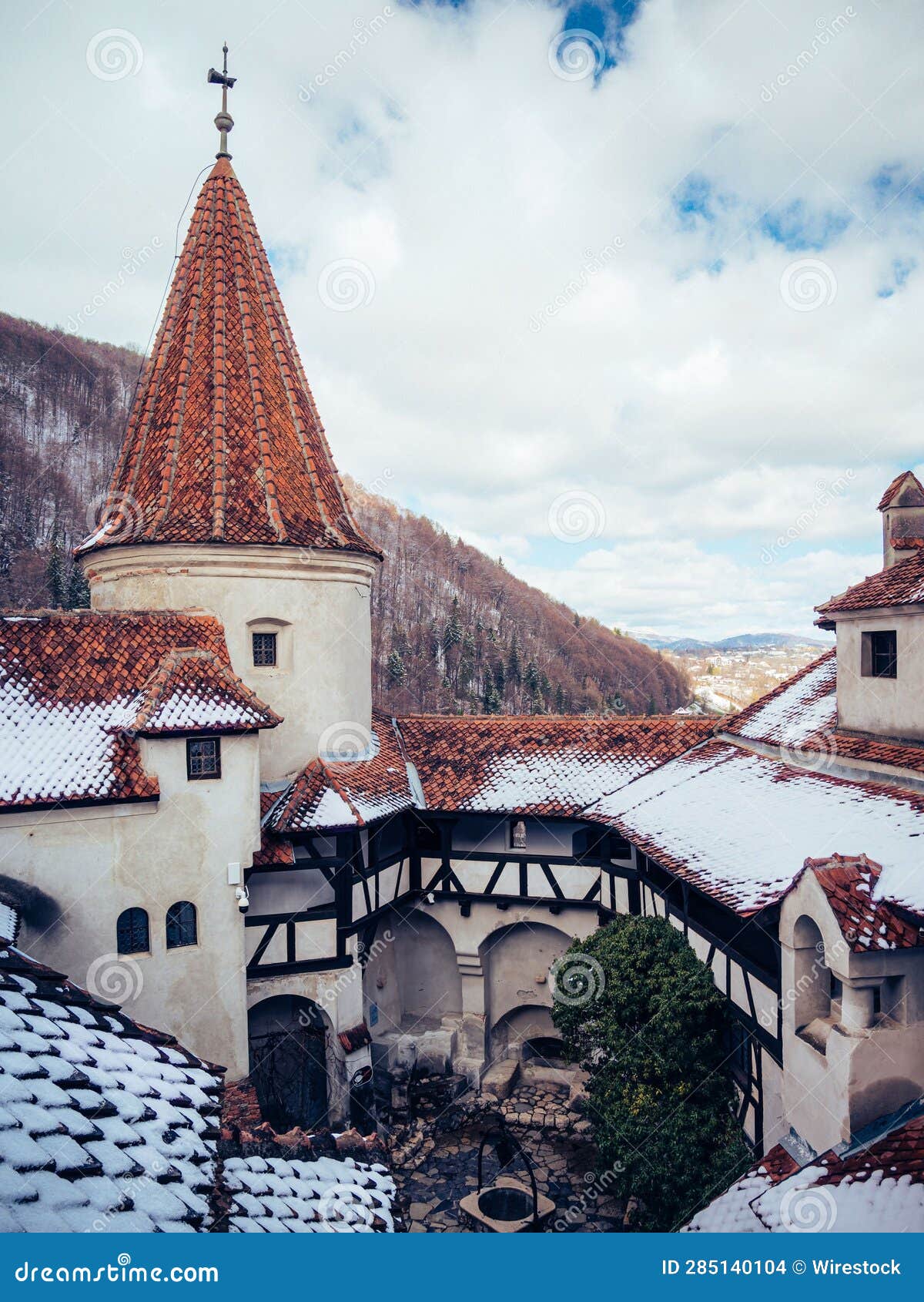 Beautiful Winter Scene Featuring the Bran Castle in Romania and a Small ...