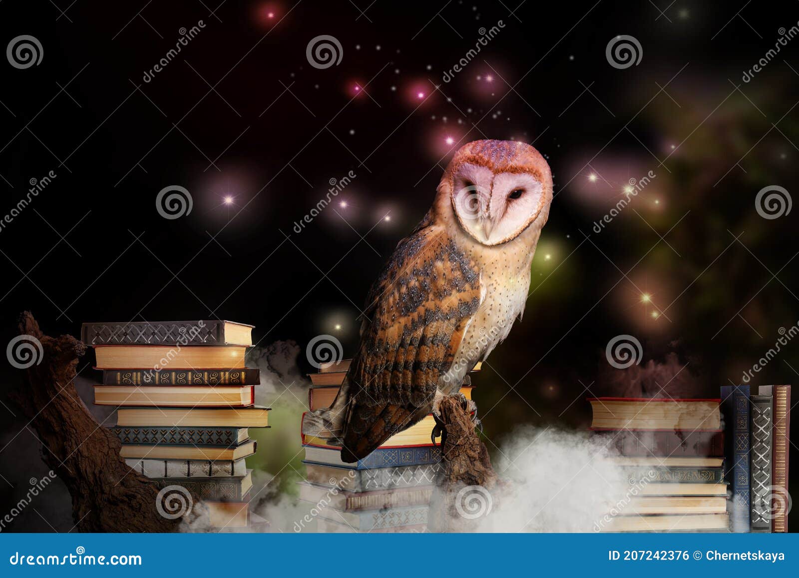 Beautiful Wise Owl on Books in Fantasy World Stock Photo - Image of ...