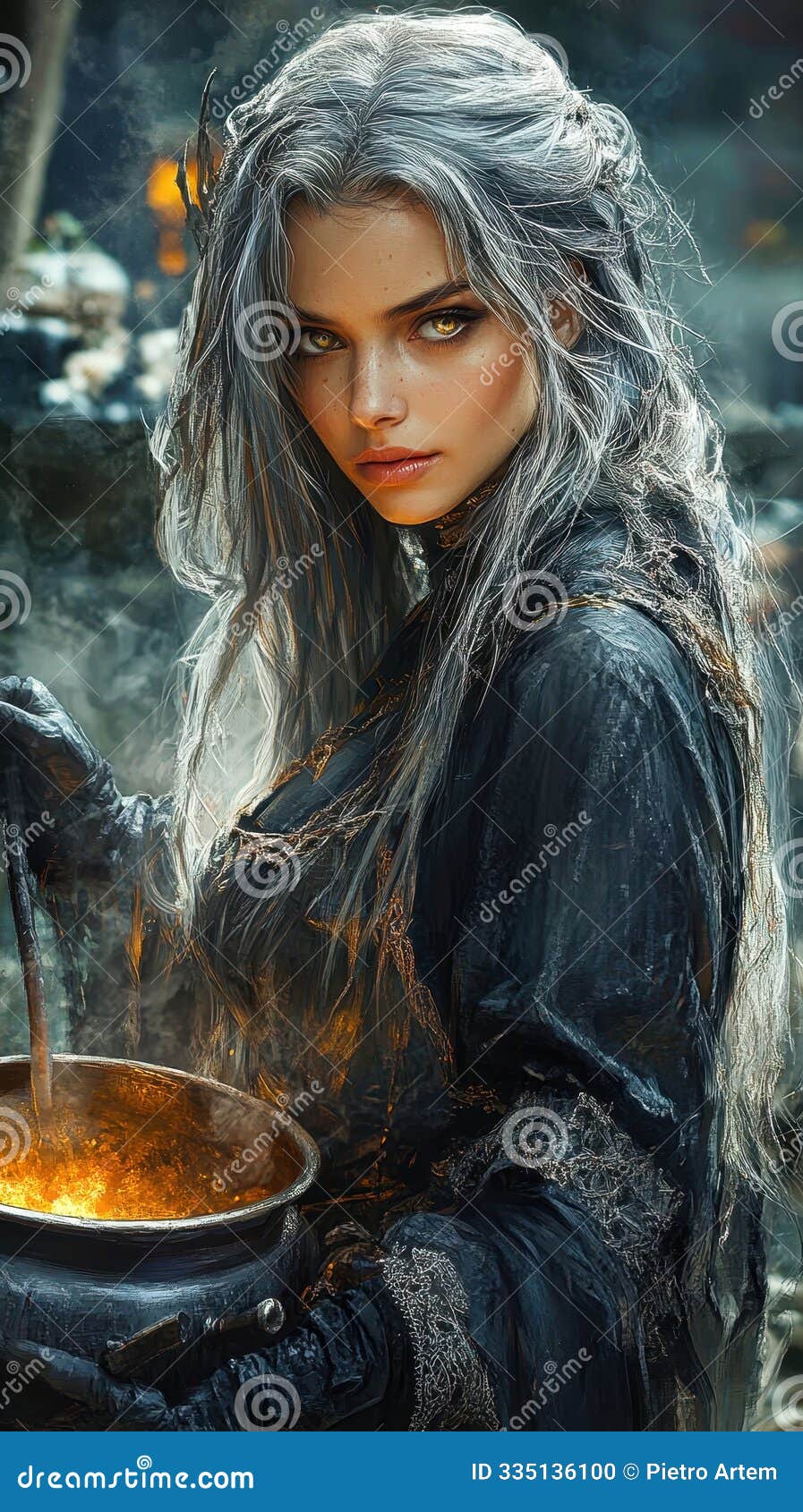 Beautiful Witch Casting a Spell in a Magical Forest at Night Stock ...