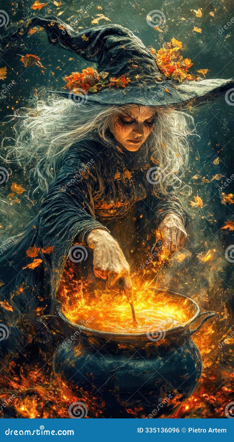 Beautiful Witch Casting a Spell in a Magical Forest at Night Stock ...