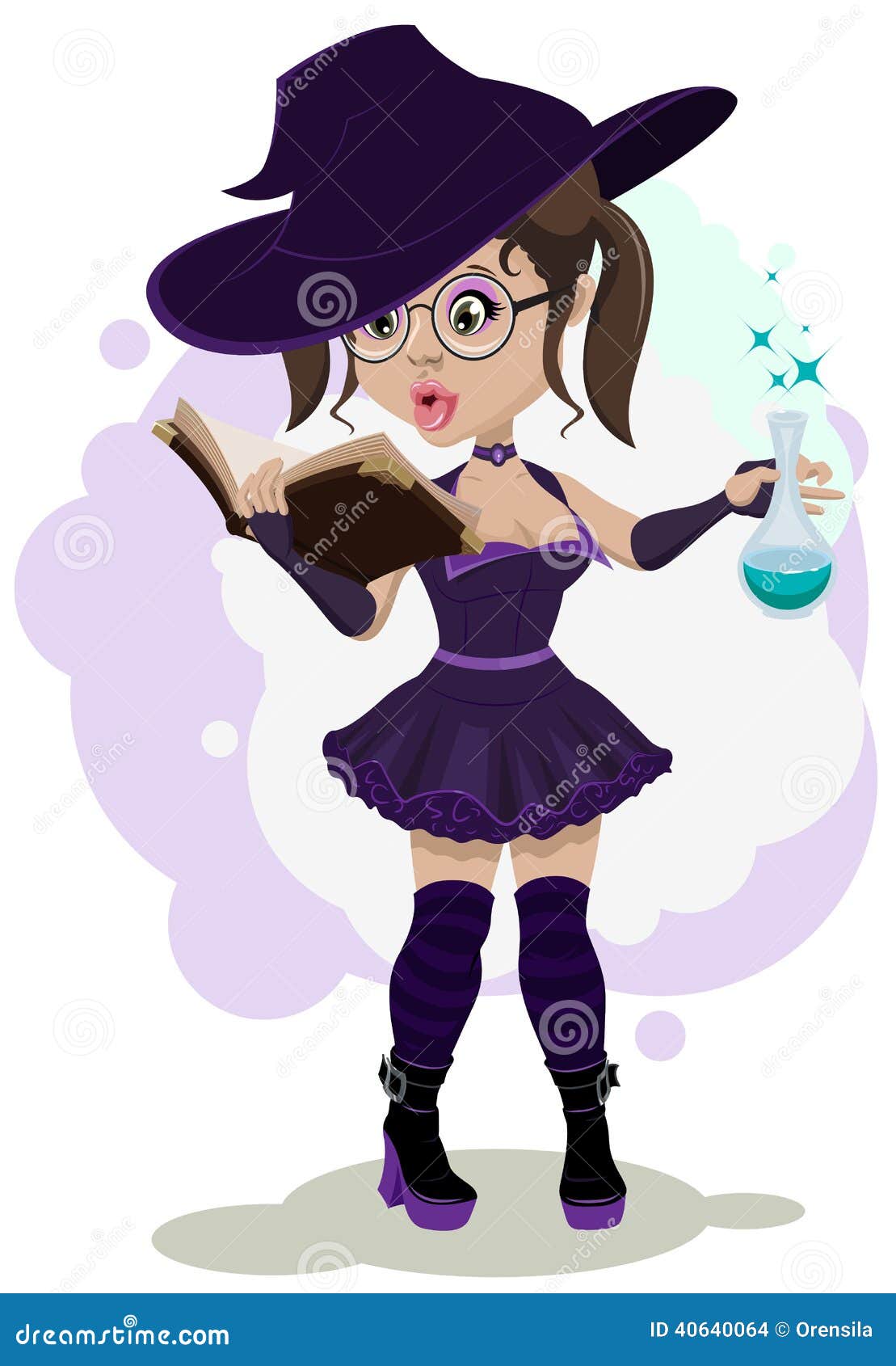 Beautiful Witch With A Broomstick And A Cat. Vector Black Silhouette ...