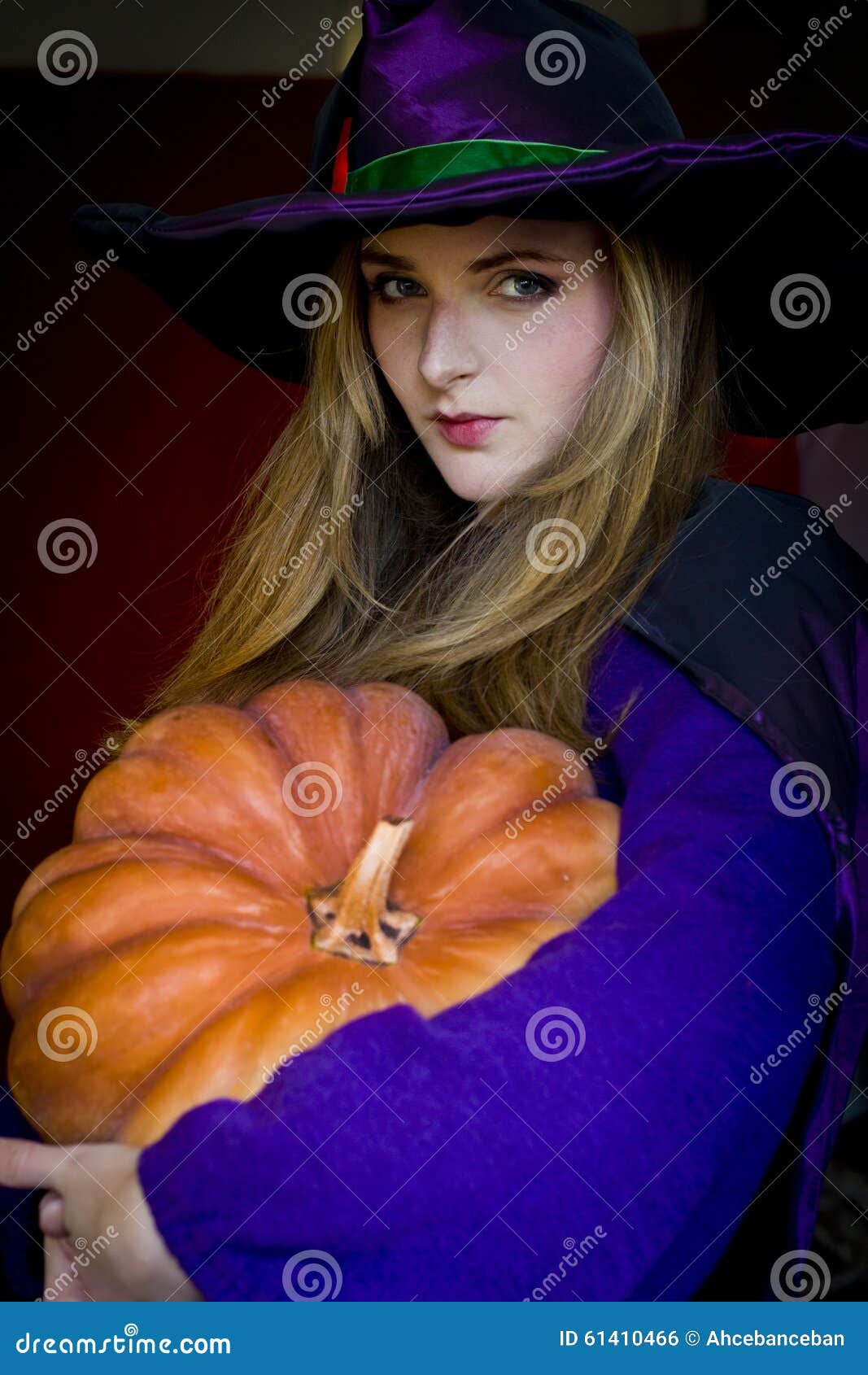 Beautiful Witch in Purple Halloween with a Broom Stock Photo - Image of ...