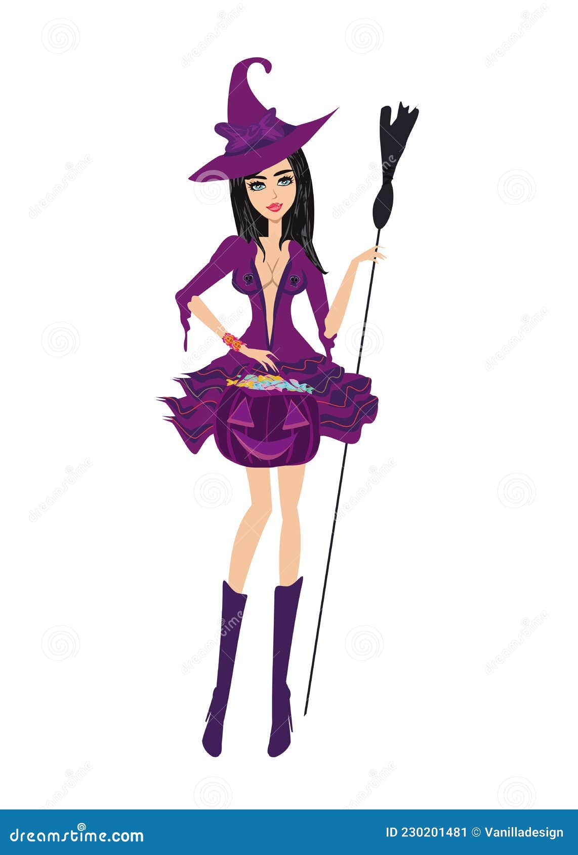 Beautiful Witch Standing with Pumpkin Full of Candy Stock Vector ...