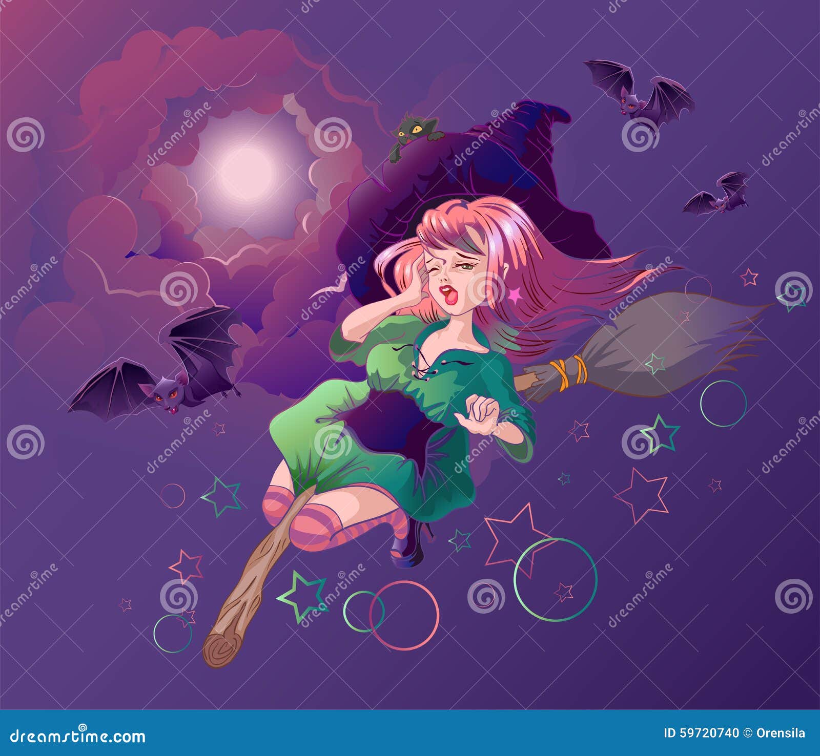Beautiful Witch Woman Flying On Broomstick Halloween Night Stock