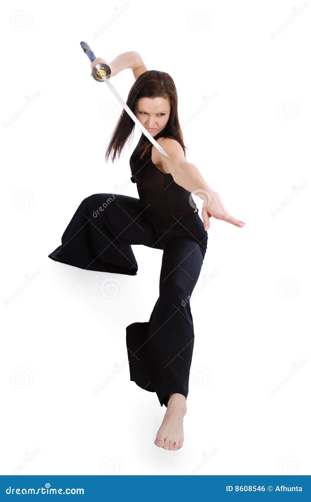 Beautiful Woman in an Aggressive Posture with a Sw Stock Photo - Image ...
