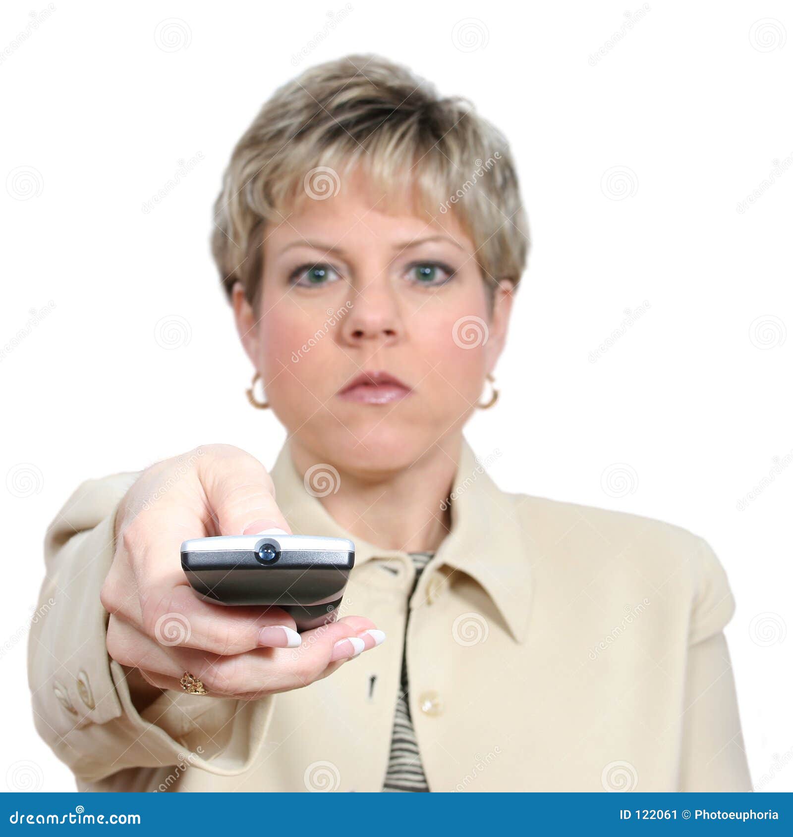 Beautiful Woman Aiming Remote with Light Off Stock Image - Image of ...