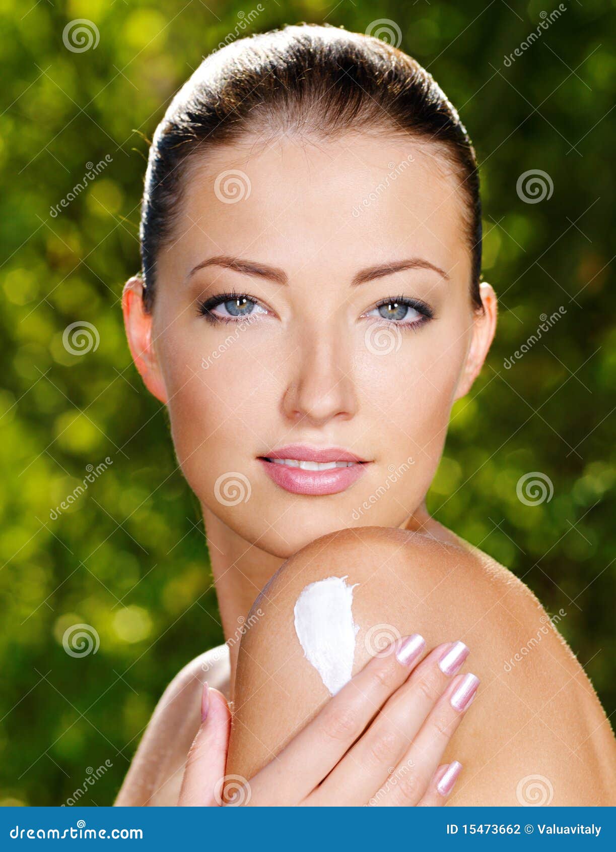 Beautiful Woman Applying Cream on Shoulder Stock Photo - Image of ...