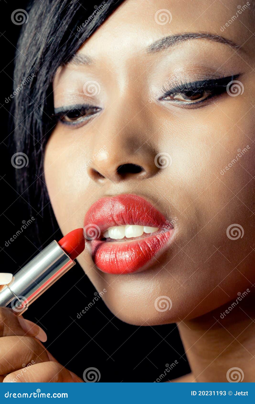Beautiful Woman Applying Lipstick Stock Image Image Of Nails Hand