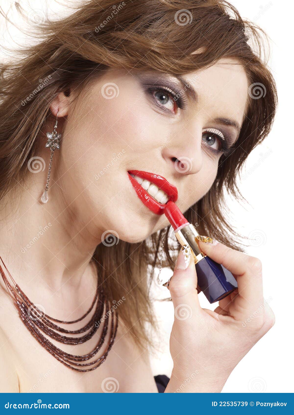 Beautiful Woman Applying Lipstick. Stock Image - Image of lipstick ...