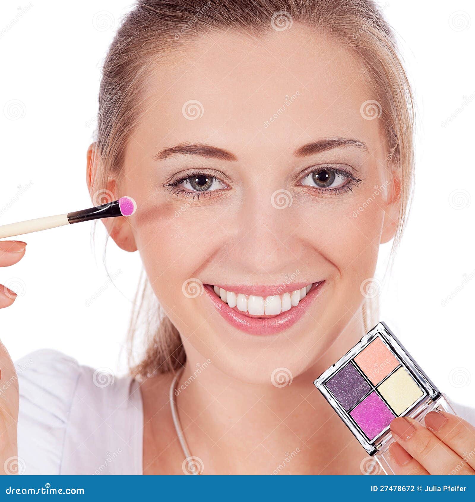Beautiful Woman Applying Make Up on Face Stock Photo - Image of eyes ...