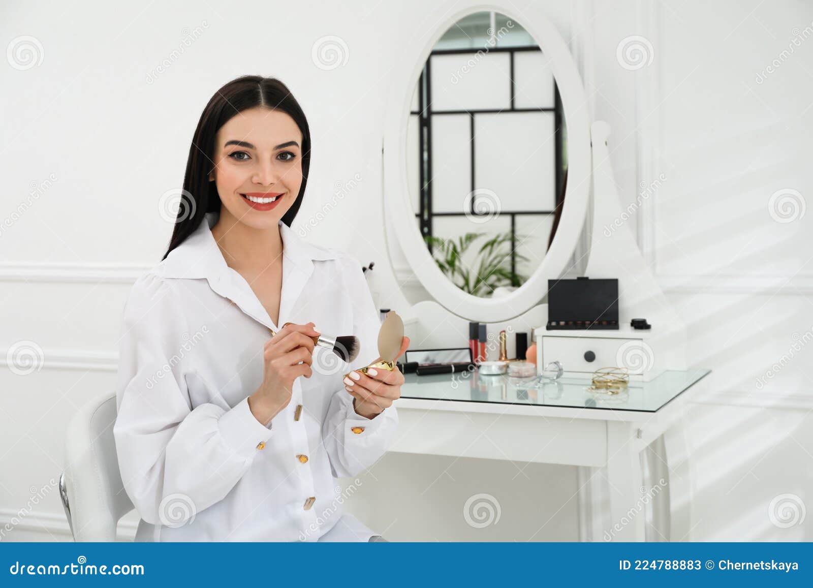Beautiful Woman Applying Makeup Near Mirror Stock Image Image Of
