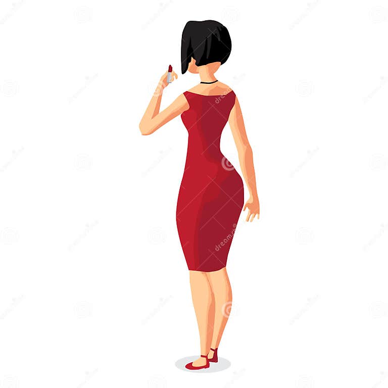 Beautiful Woman Applying Red Lipstick Girl Uses Lipstick Stock Vector