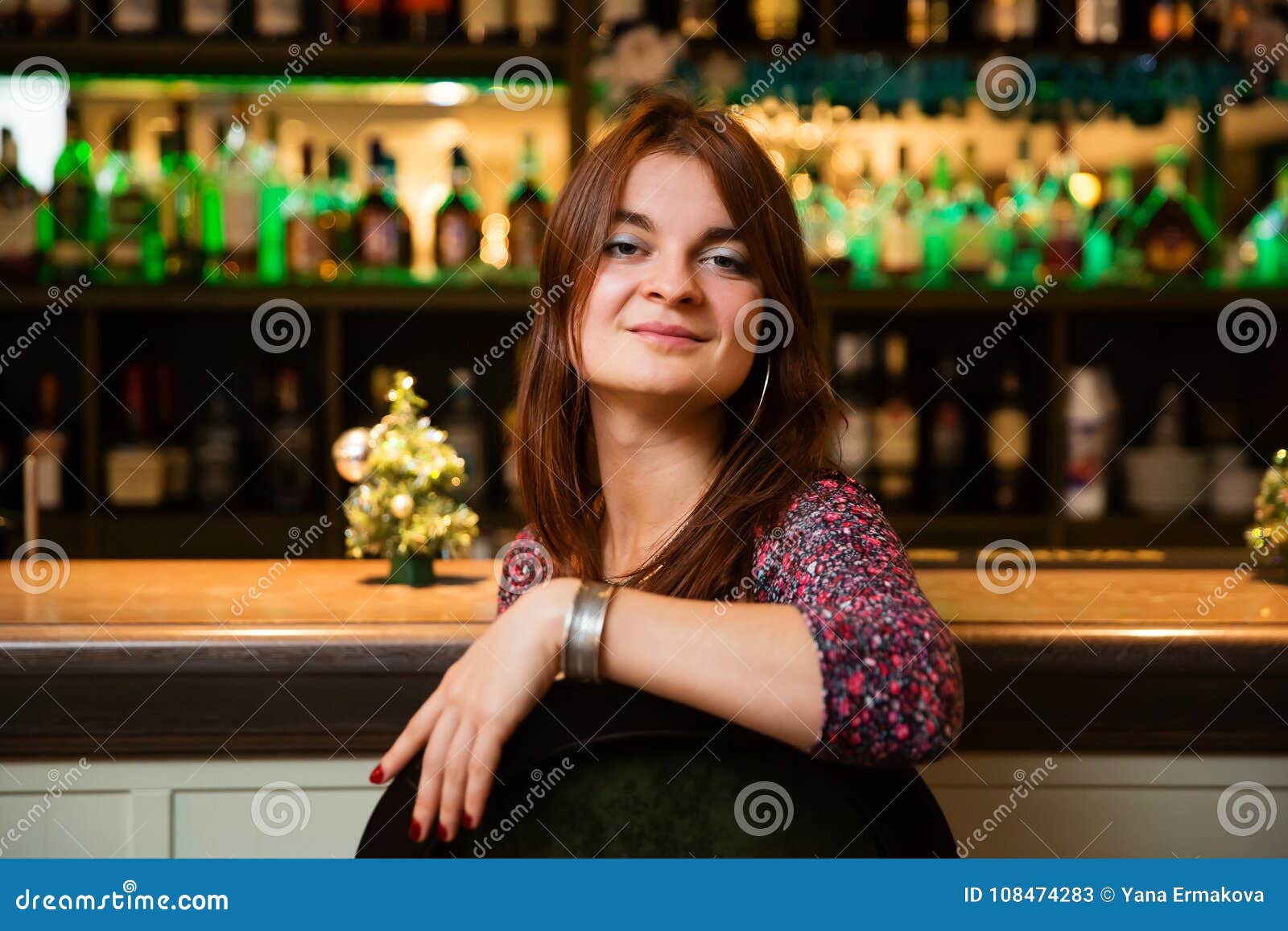 Beautiful woman in the bar stock image. Image of happiness - 108474283