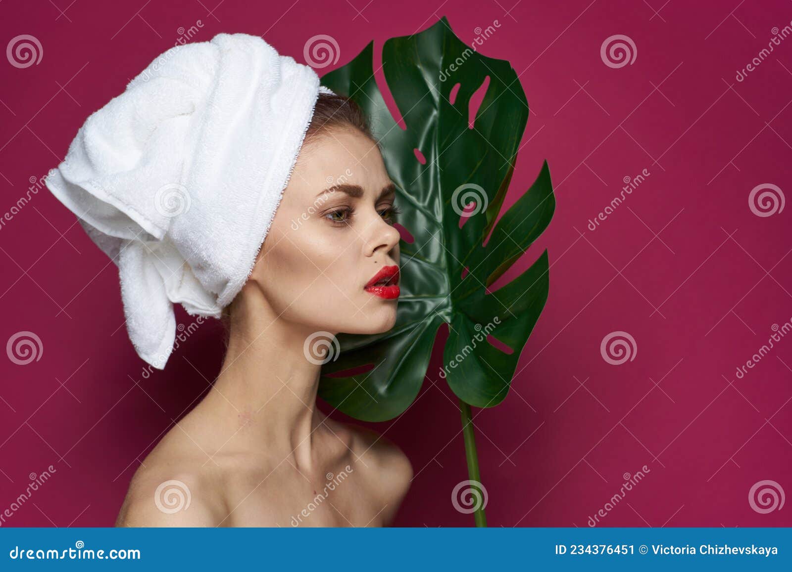 Beautiful Woman Bare Shoulders Red Lips Posing Spa Treatments Stock