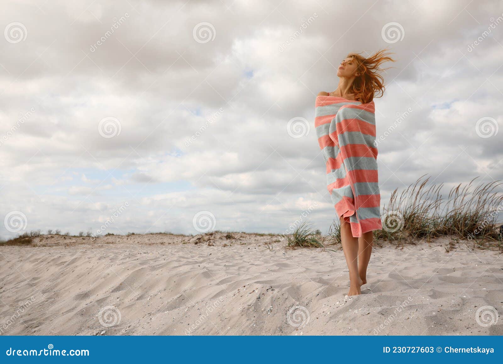 Beautiful Woman with Beach Towel on Sand Stock Image - Image of ...