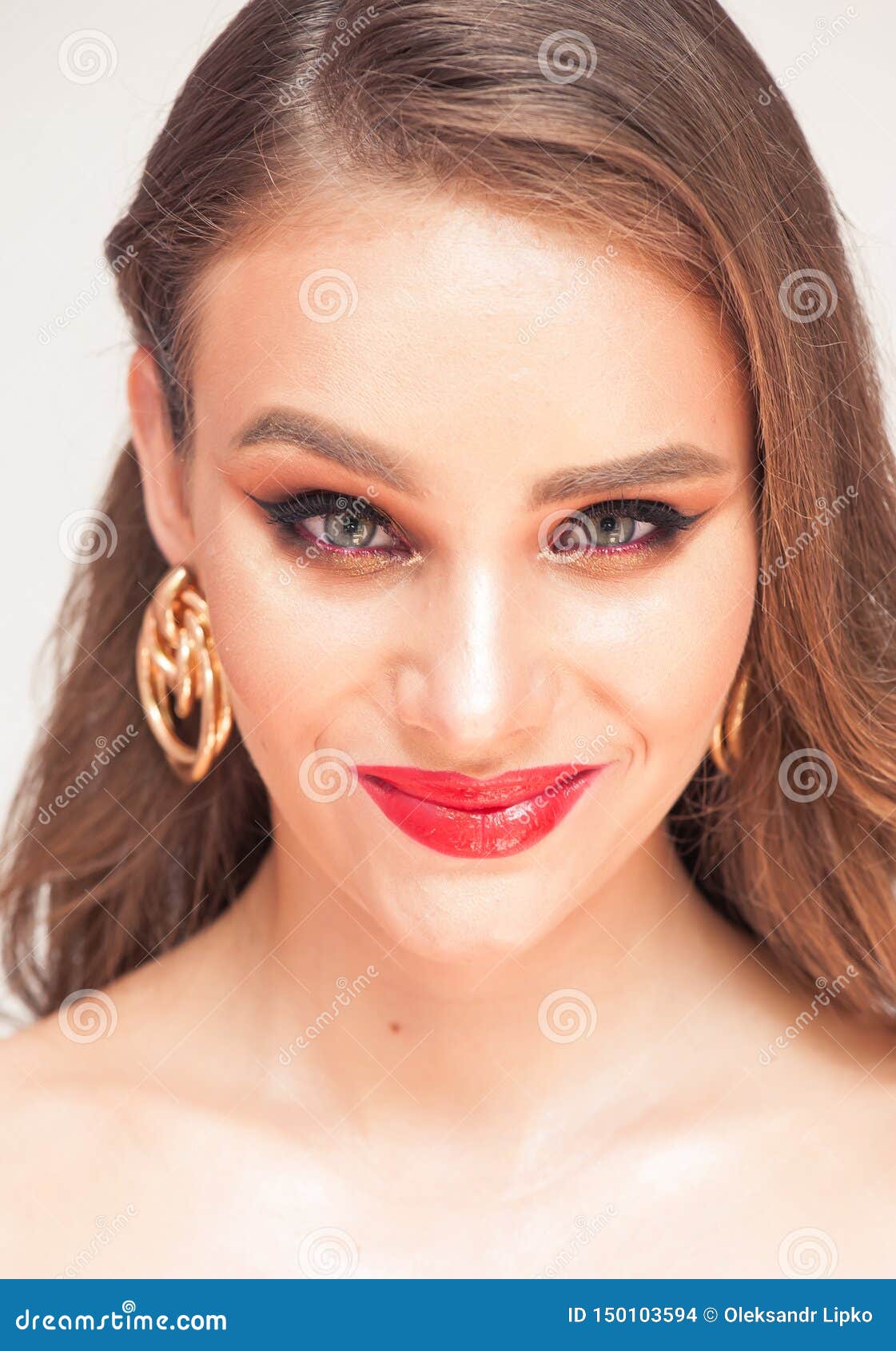 Beautiful Woman With Beauty Makeup On Face Red Lipstick On Lips And
