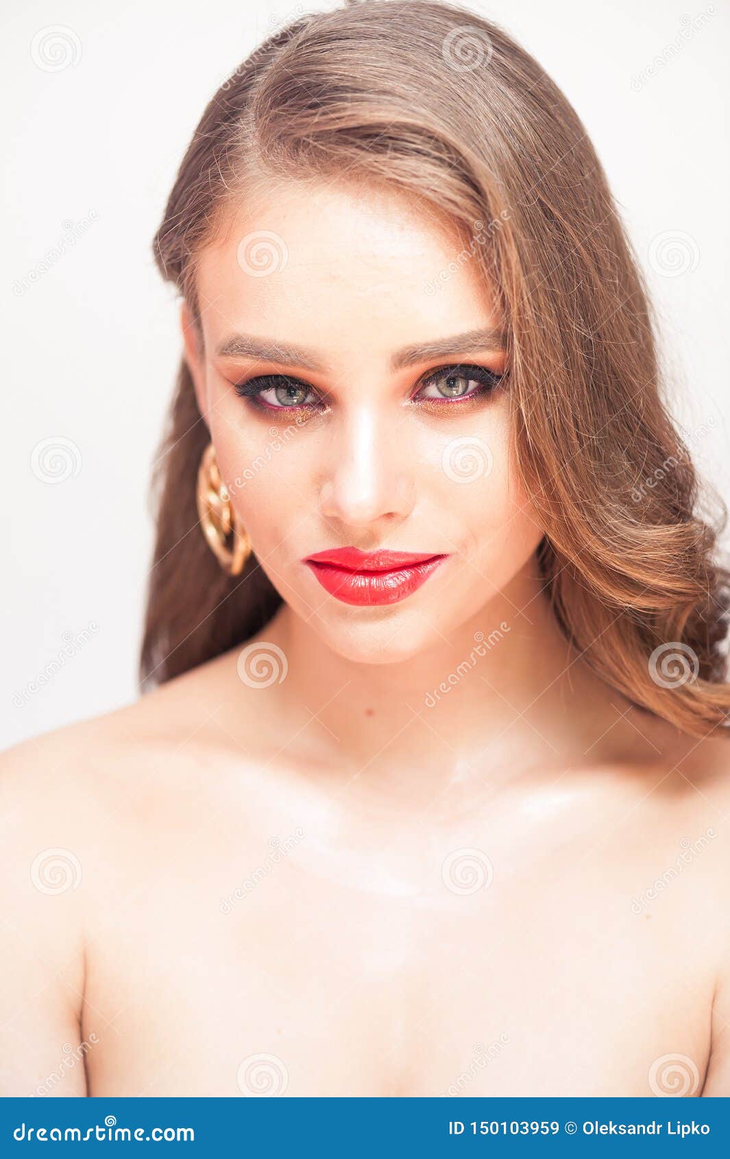 Beautiful Woman With Beauty Makeup On Face Red Lipstick On Lips And