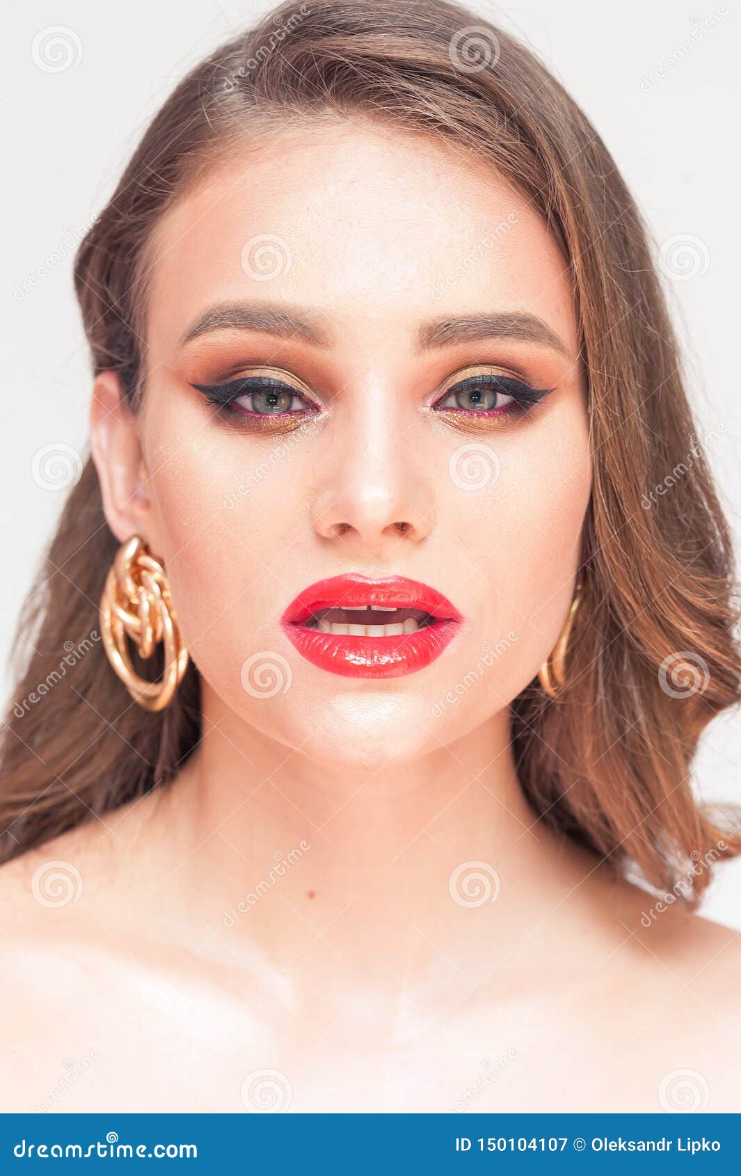Beautiful Woman With Beauty Makeup On Face Red Lipstick On Lips And