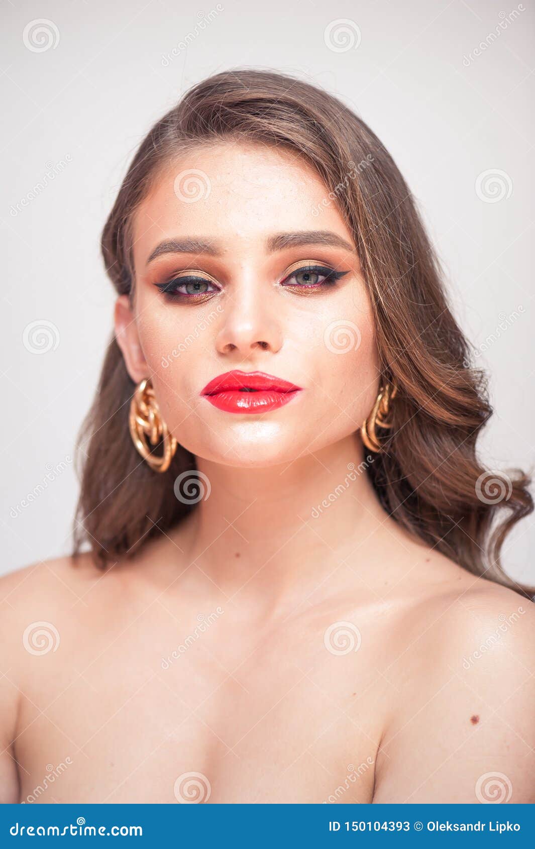 Beautiful Woman With Beauty Makeup On Face Red Lipstick On Lips And