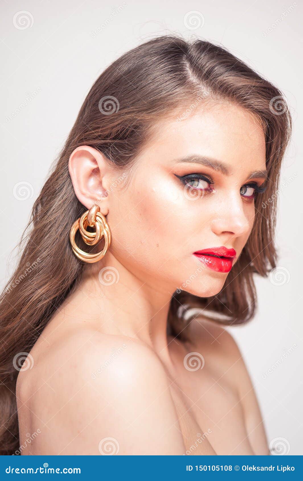 Beautiful Woman With Beauty Makeup On Face Red Lipstick On Lips And