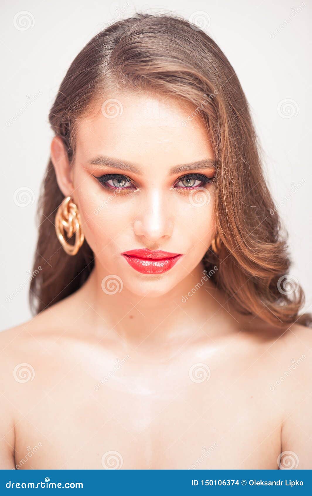 Beautiful Woman With Beauty Makeup On Face Red Lipstick On Lips And