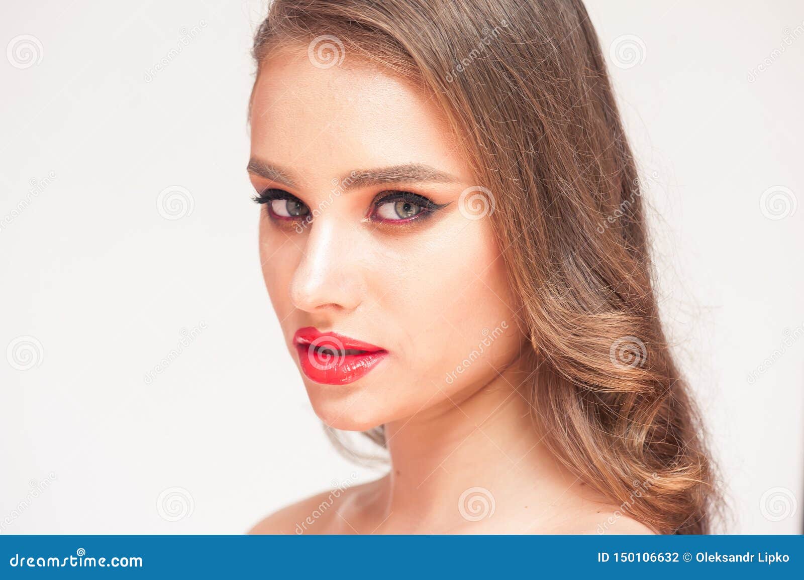 Beautiful Woman With Beauty Makeup On Face Red Lipstick On Lips And