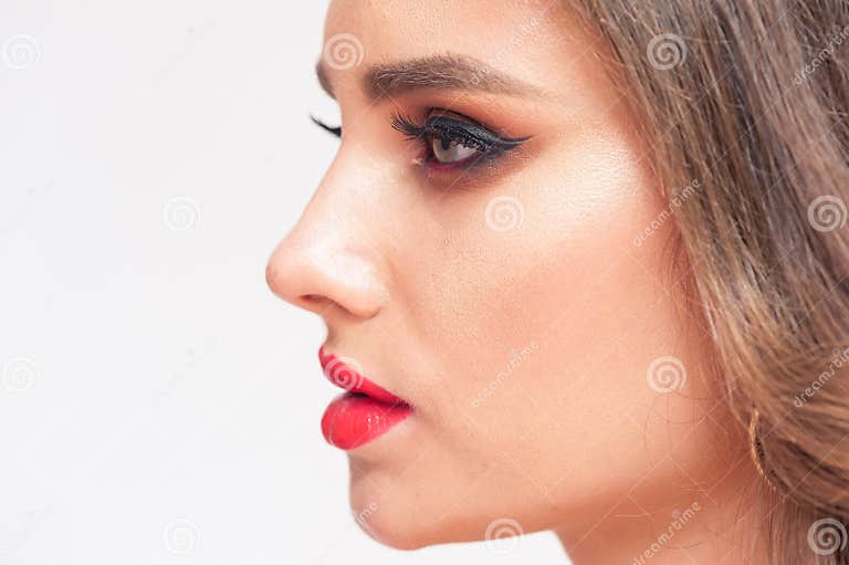 Beautiful Woman With Beauty Makeup On Face Red Lipstick On Lips And