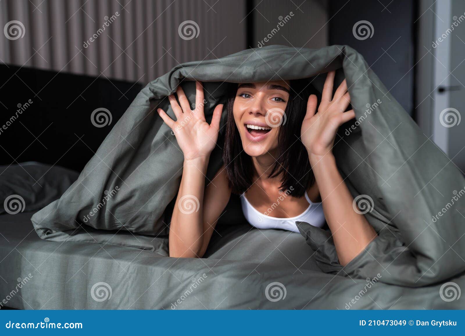 Beautiful Young Woman In Bed Under The Blanket Stock Image Image Of Duvet Smile 210473049