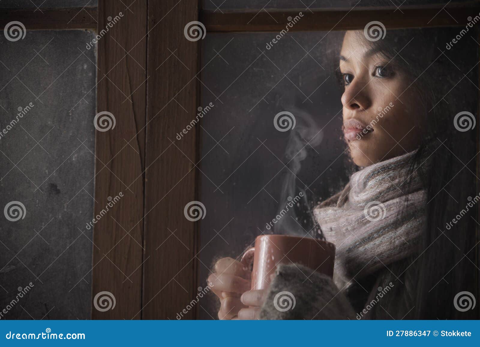 Beautiful Woman Behind Window with a Cup of Coffee Stock Image - Image ...