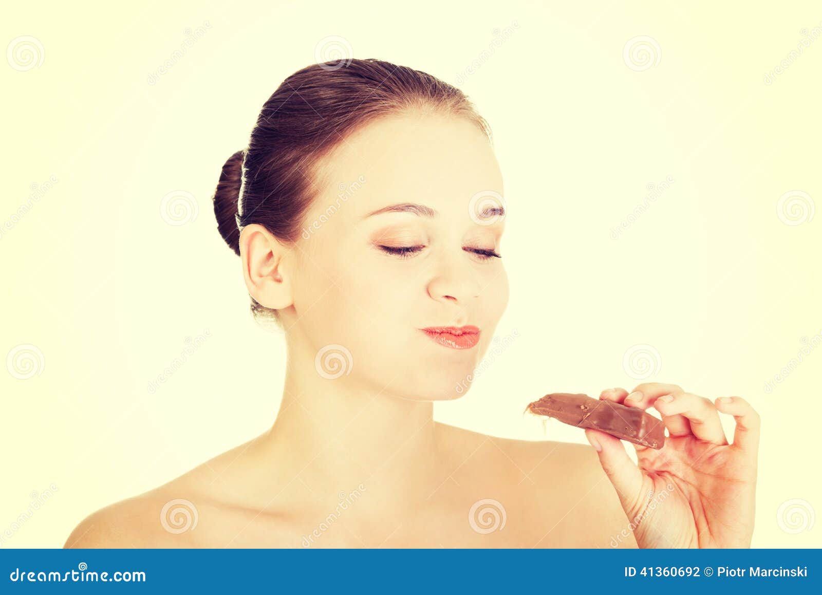 Beautiful Woman Biting a Chocolate Bar Stock Photo - Image of healthy ...