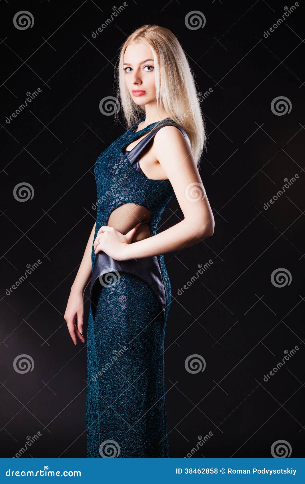 Beautiful Woman on Black Classical Dress Pose Stock Photo - Image of ...