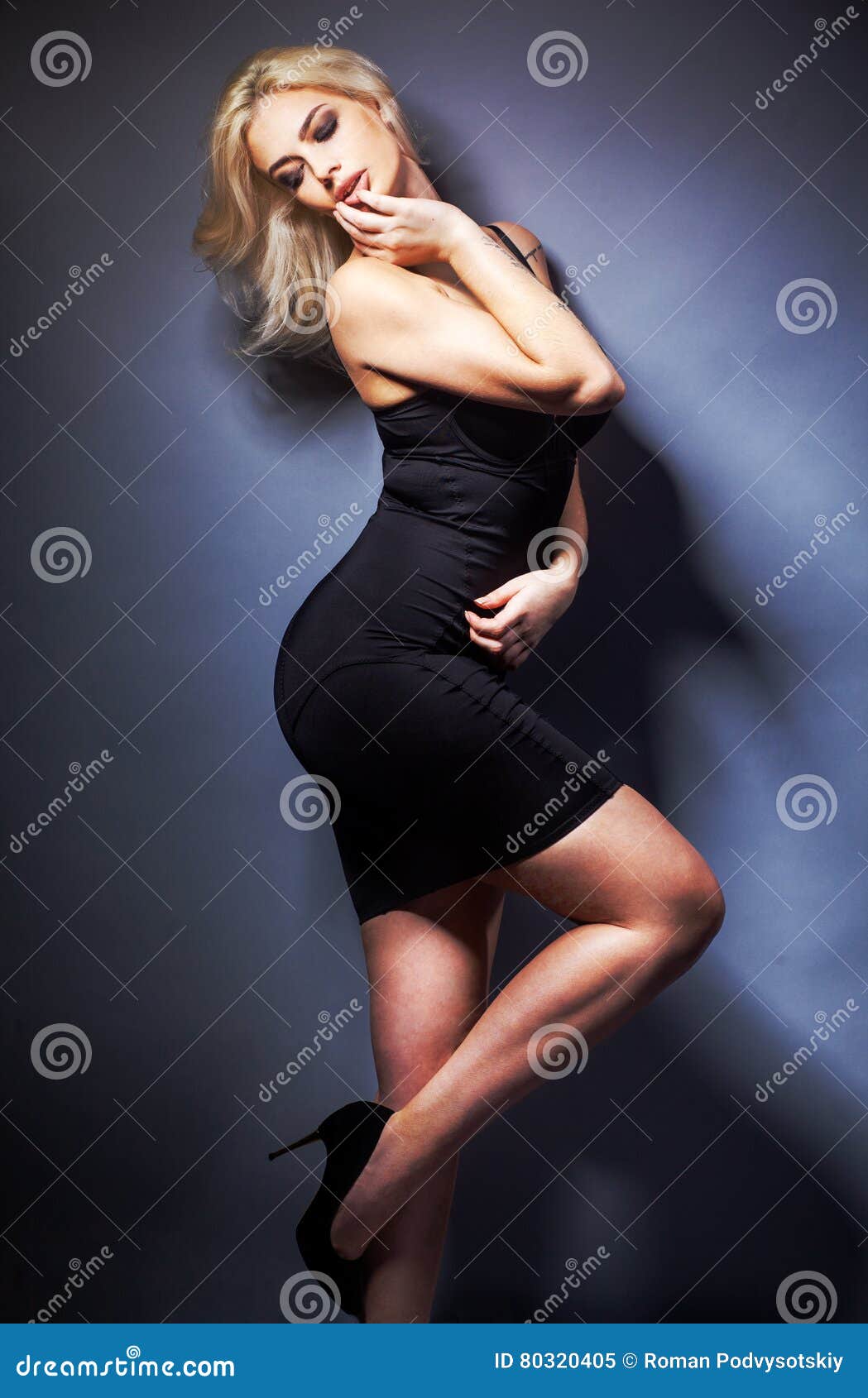 Beautiful Woman on Black Classical Dress Pose Stock Image - Image of ...