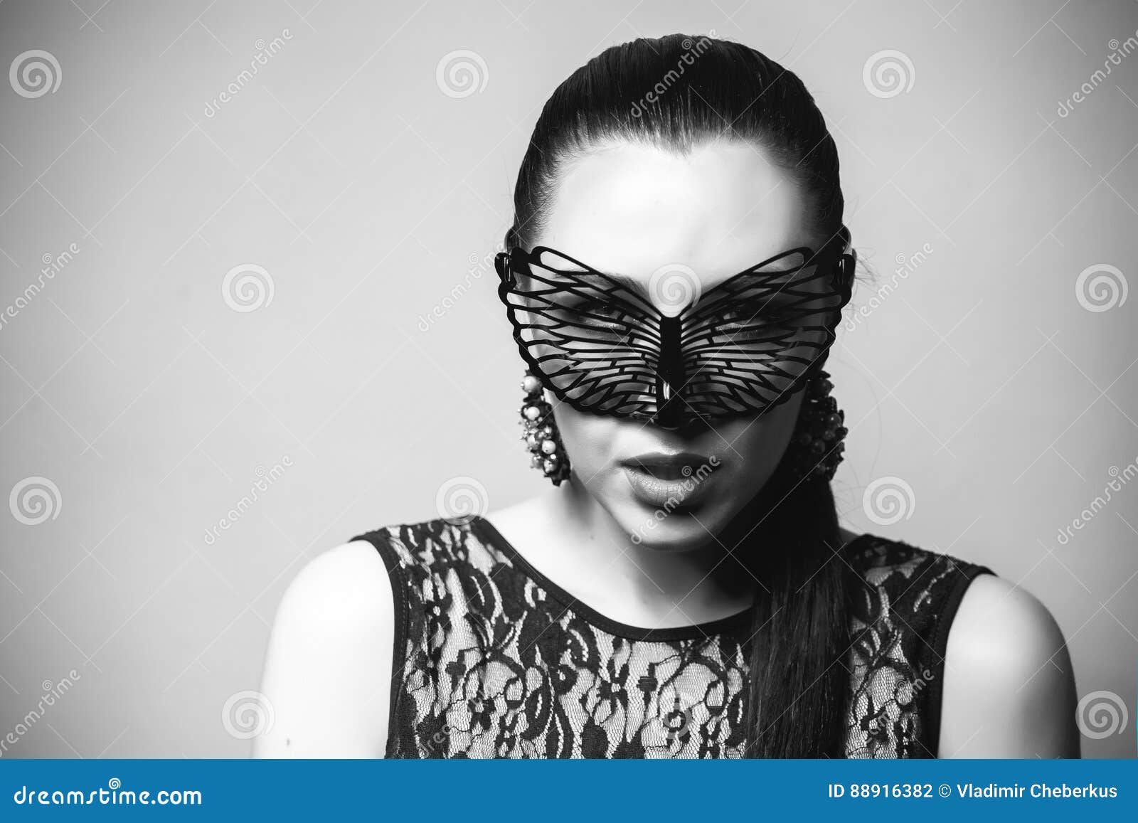 Beautiful Woman With Black Lace Mask Over Her Eyes Red Lips And Nails