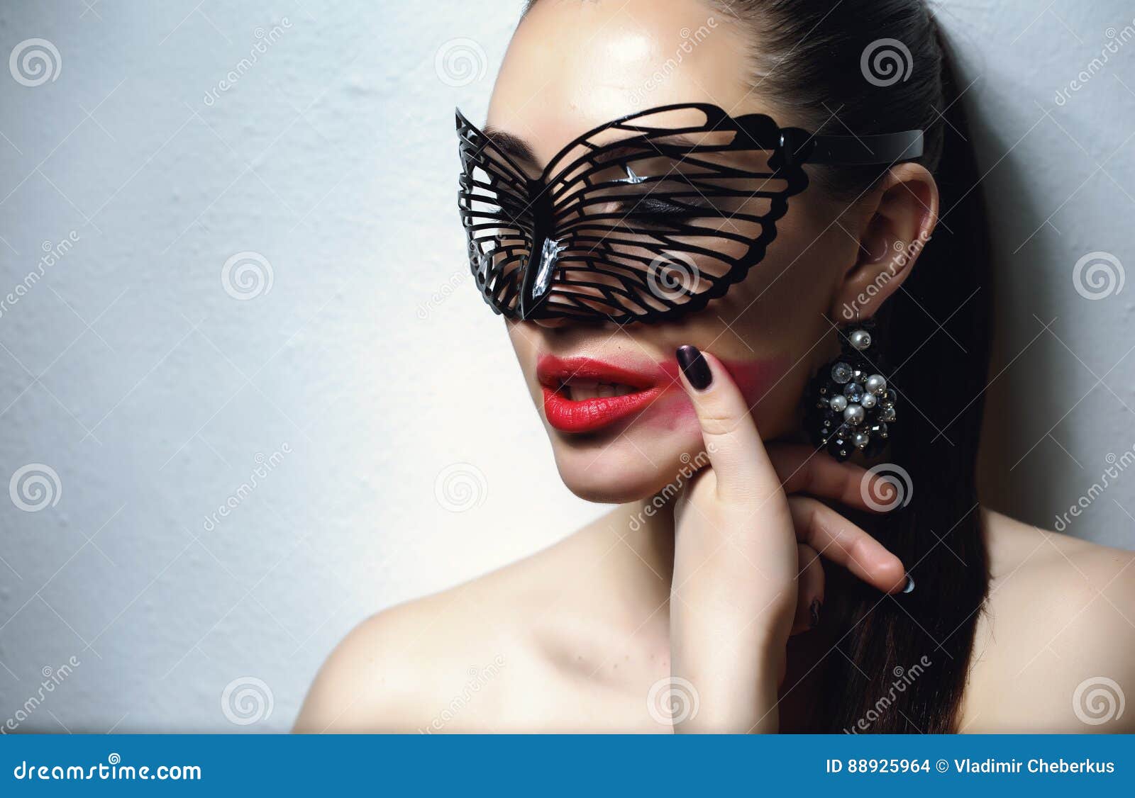 Beautiful Woman With Black Lace Mask Over Her Eyes Red Lips And Nails