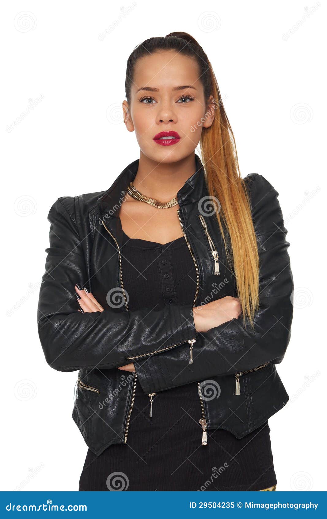 Beautiful Woman In Black Leather Jacket Stock Image Image Of Luxury