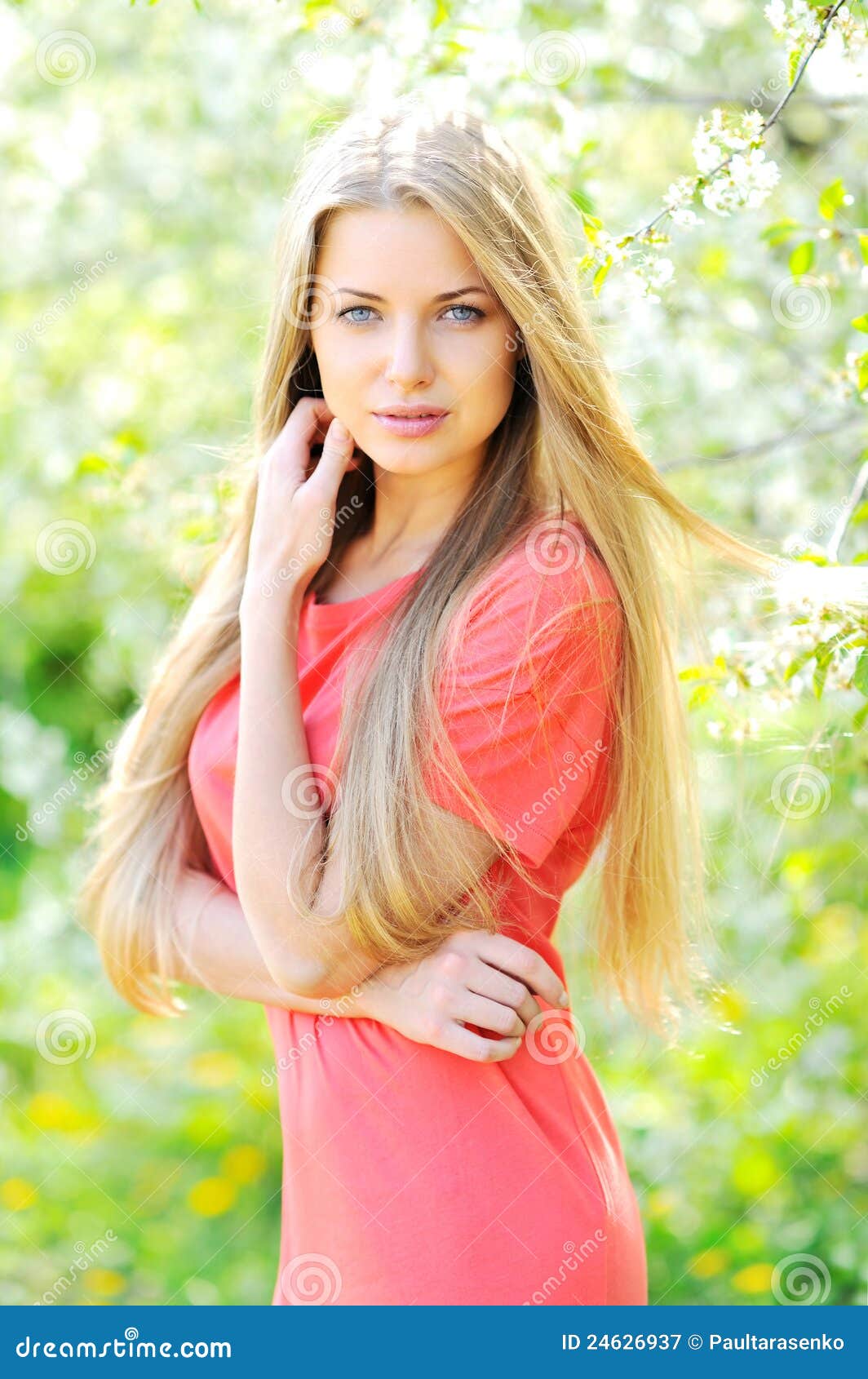 Beautiful Woman in Blooming Tree in Spring Stock Image - Image of hair ...