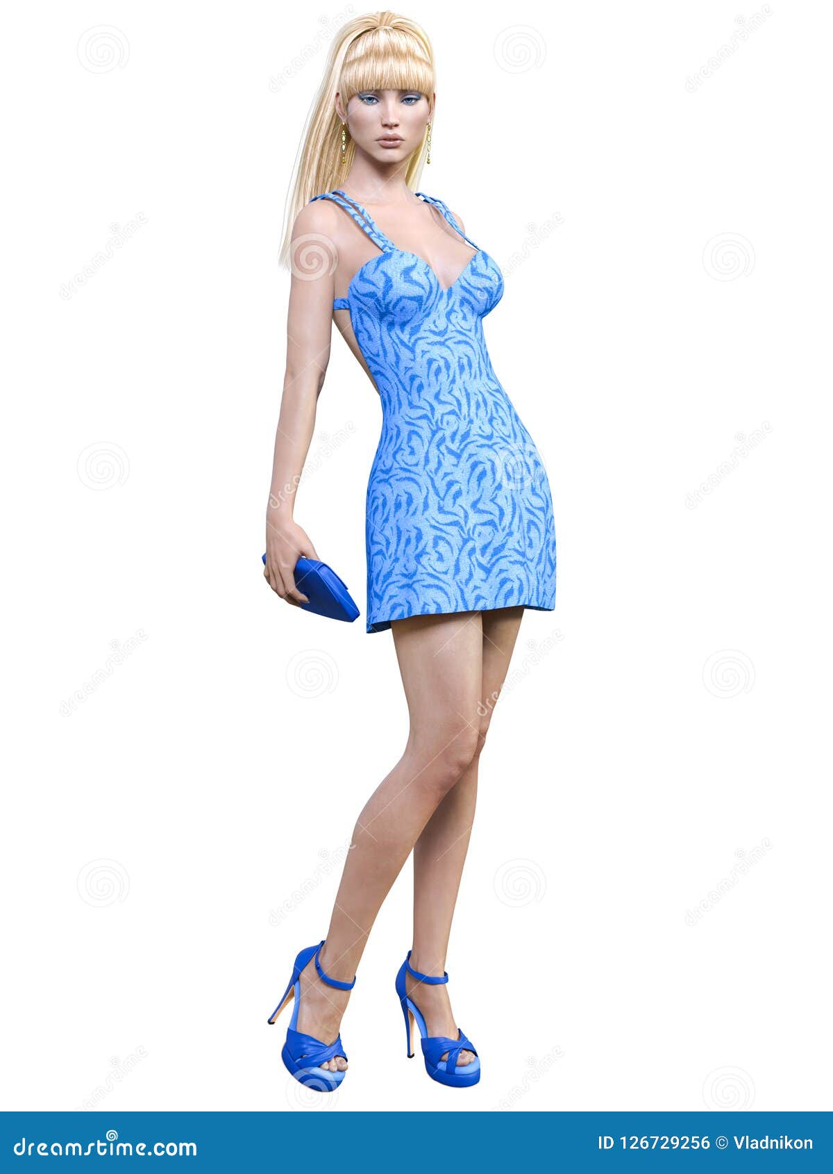 Beautiful Woman In Blue Short Dressblonde Long Hair Stock Illustration Illustration Of Girl