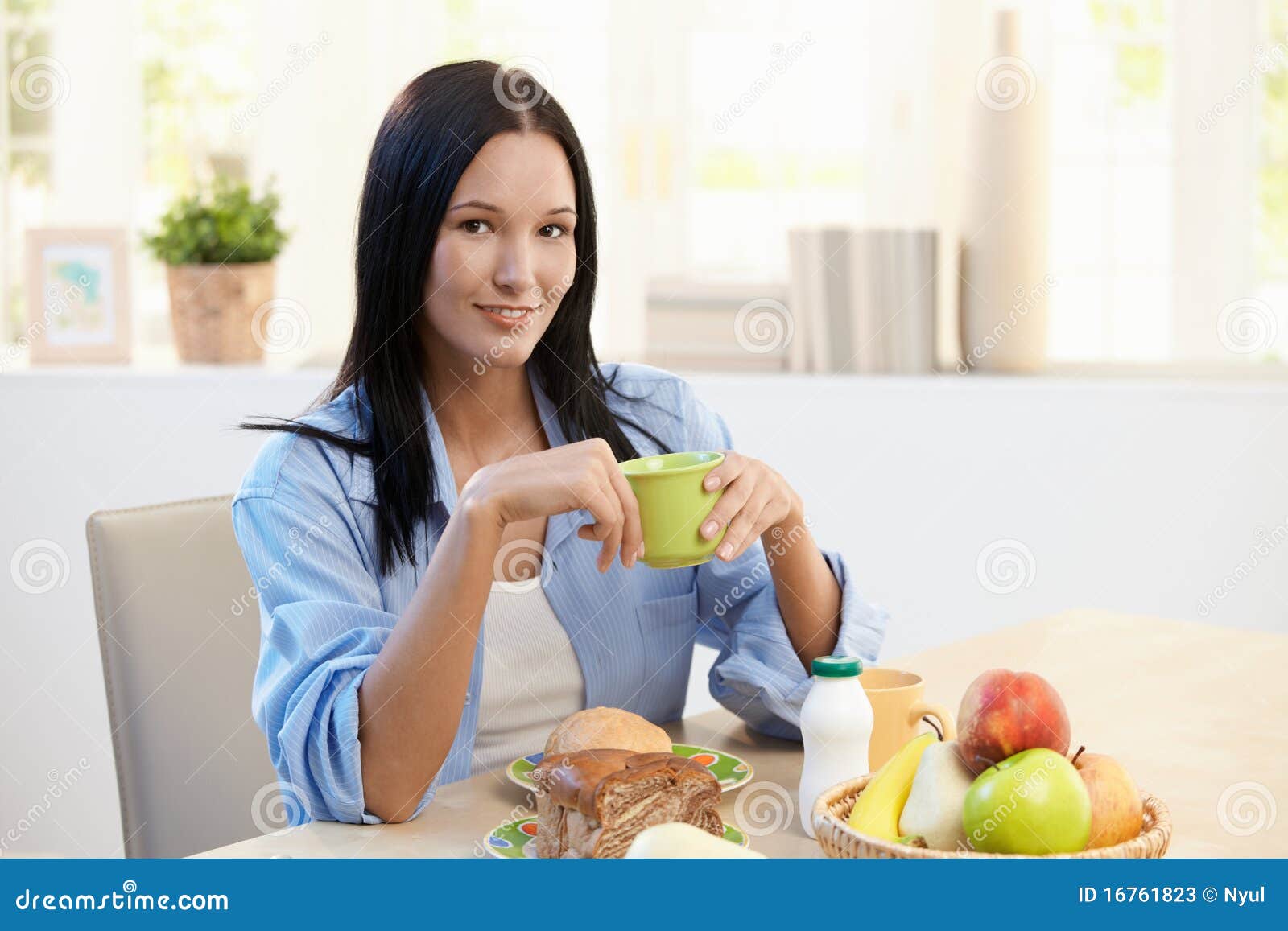Beautiful Woman at Breakfast Table Stock Image - Image of beauty ...