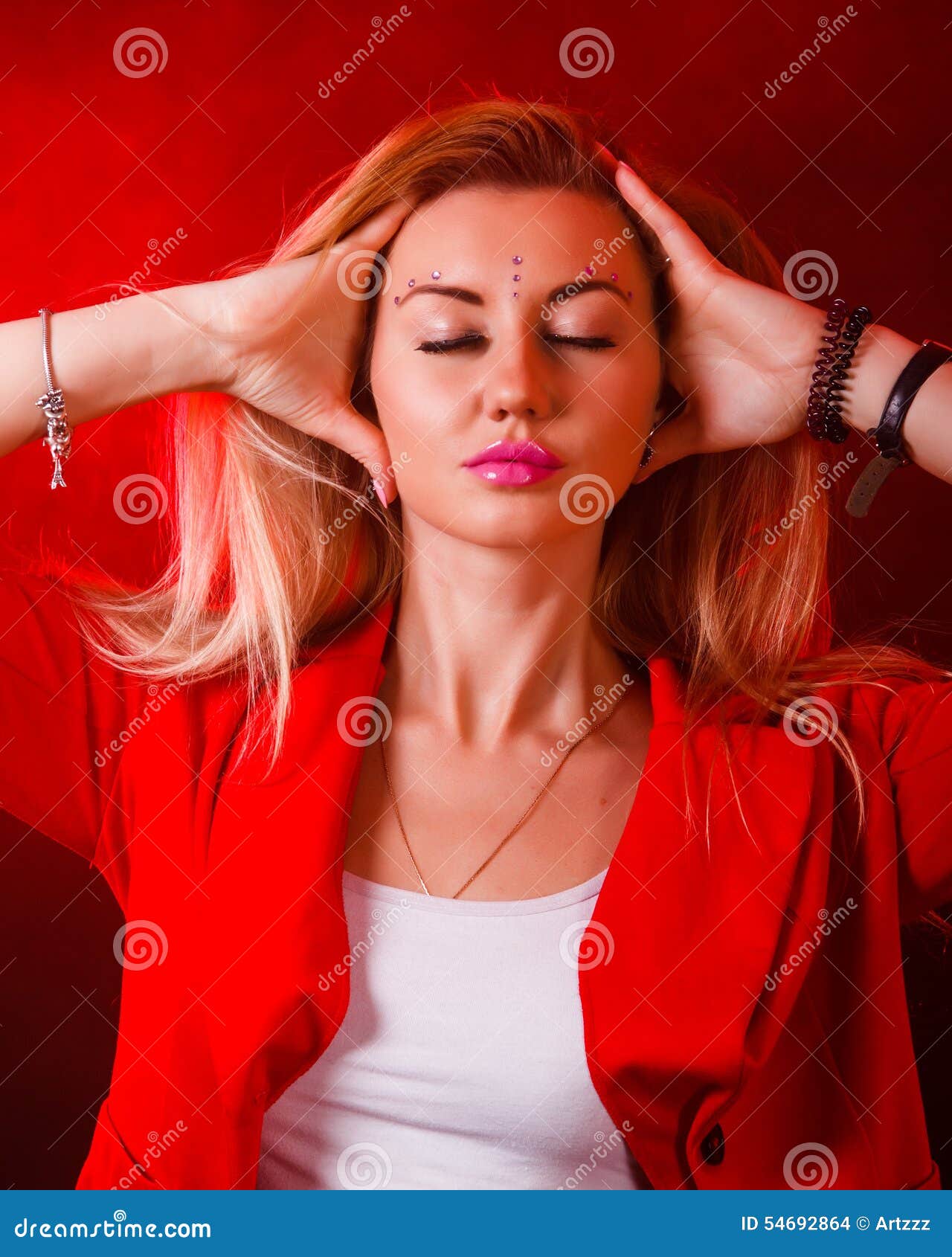 Beautiful Woman in Bright Red Lights Stock Photo - Image of dark ...