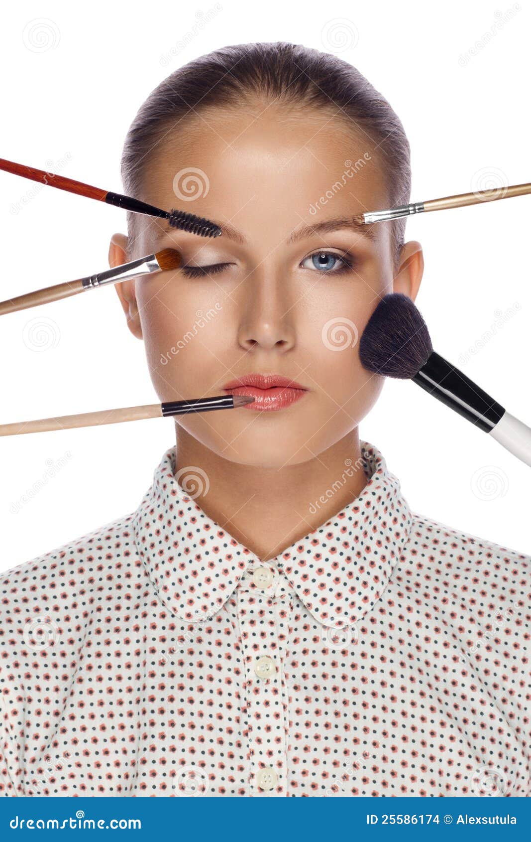 Beautiful Woman with Brushes for Make-up Stock Photo - Image of looking ...