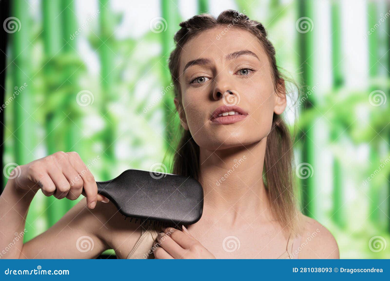 Beautiful Woman Brushing Blonde Hair Doing Hairstyle Daily Routine
