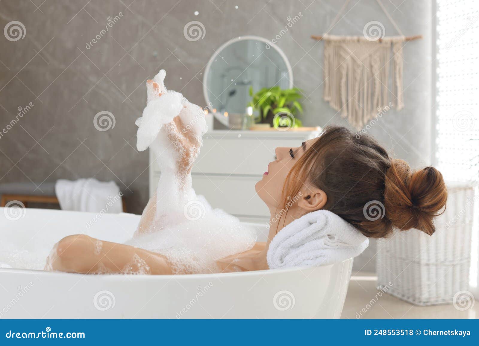 Beautiful Woman Enjoying Bubble Bath at Home Stock Photo - Image of ...